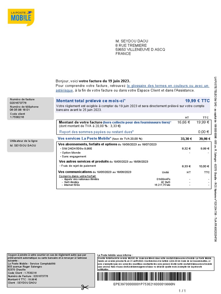 Votre Facture Du 19 Juin 2023: Montant Total Prélevé Ce Mois-Ci 19,99 ...