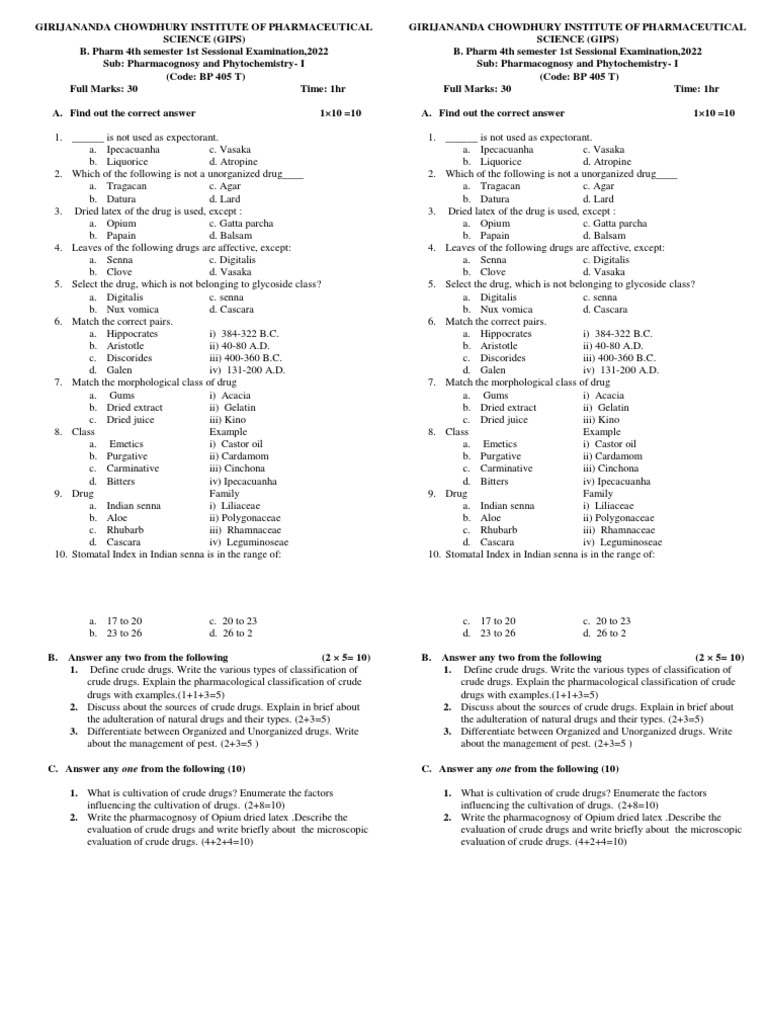 BP405T Sessional Question Paper-4th Sem.B.Pharm | PDF | Pharmacology | Medicine