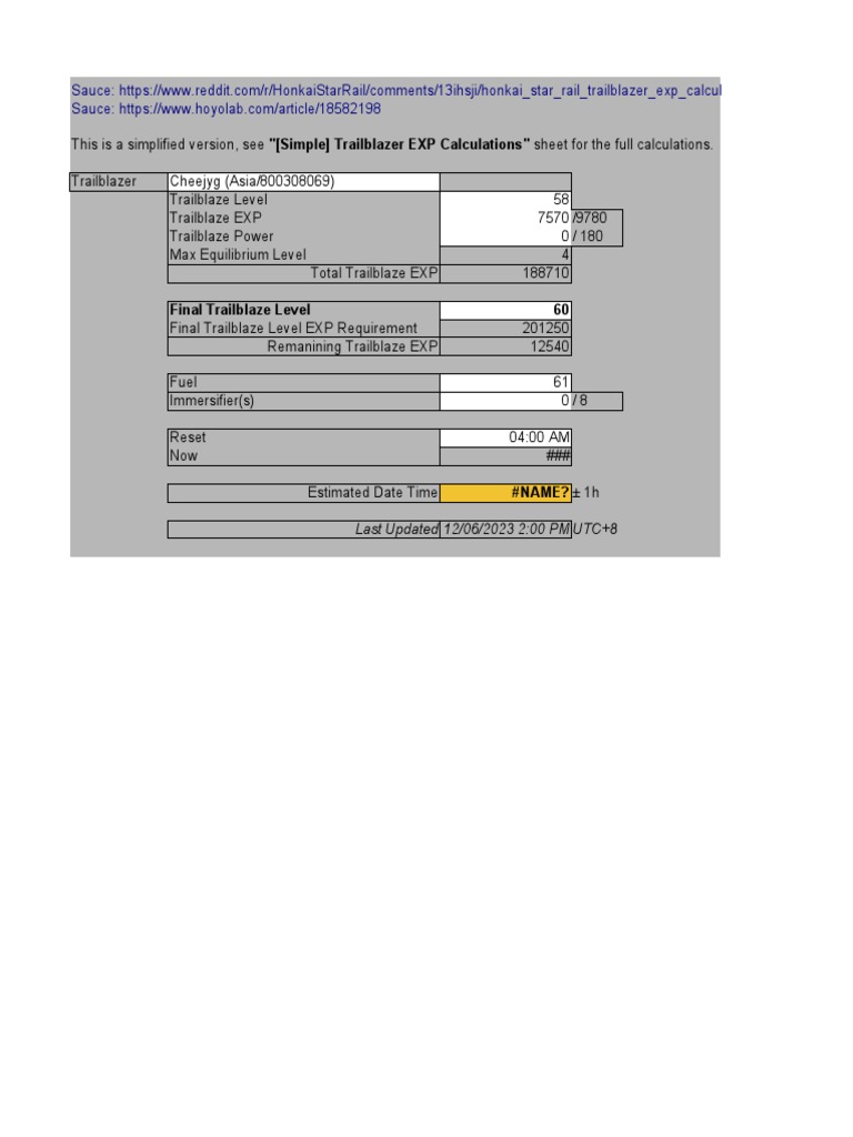 (Honkai - Star Rail) Trailblazer EXP Calculator | PDF