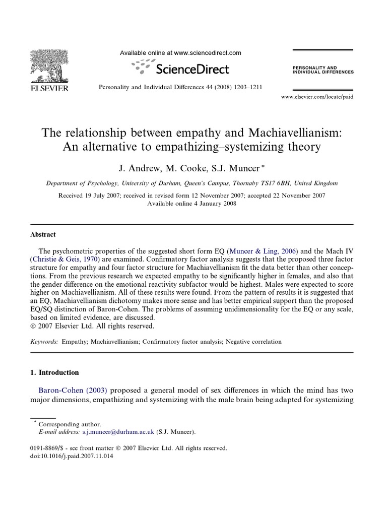2008 Empathy and Machiavellianism An Alternative To Empathizing ...