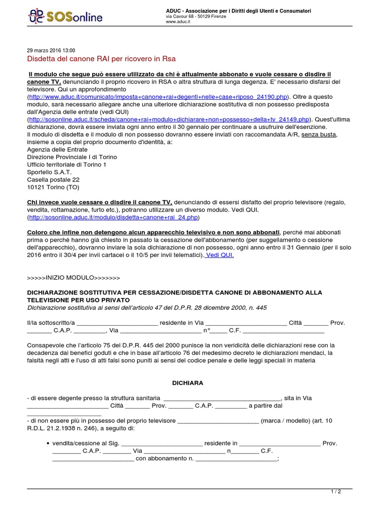 Modulo Disdetta Canone Rsa 24165 | PDF