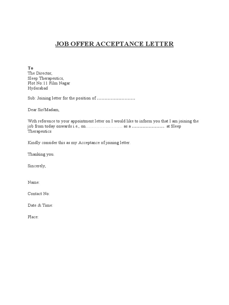 Job Offer Acceptance Letter Template | PDF | Career & Growth