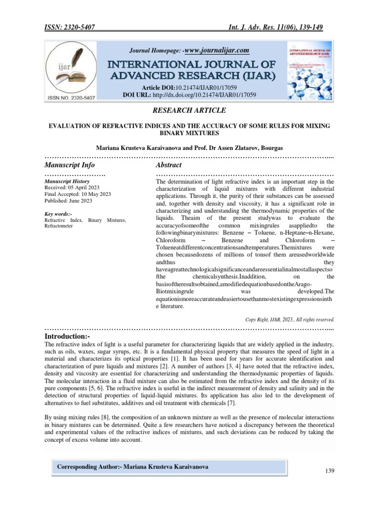 EVALUATION OF REFRACTIVE INDICES AND THE ACCURACY OF SOME RULES FOR MIXING BINARY MIXTURES | PDF ...