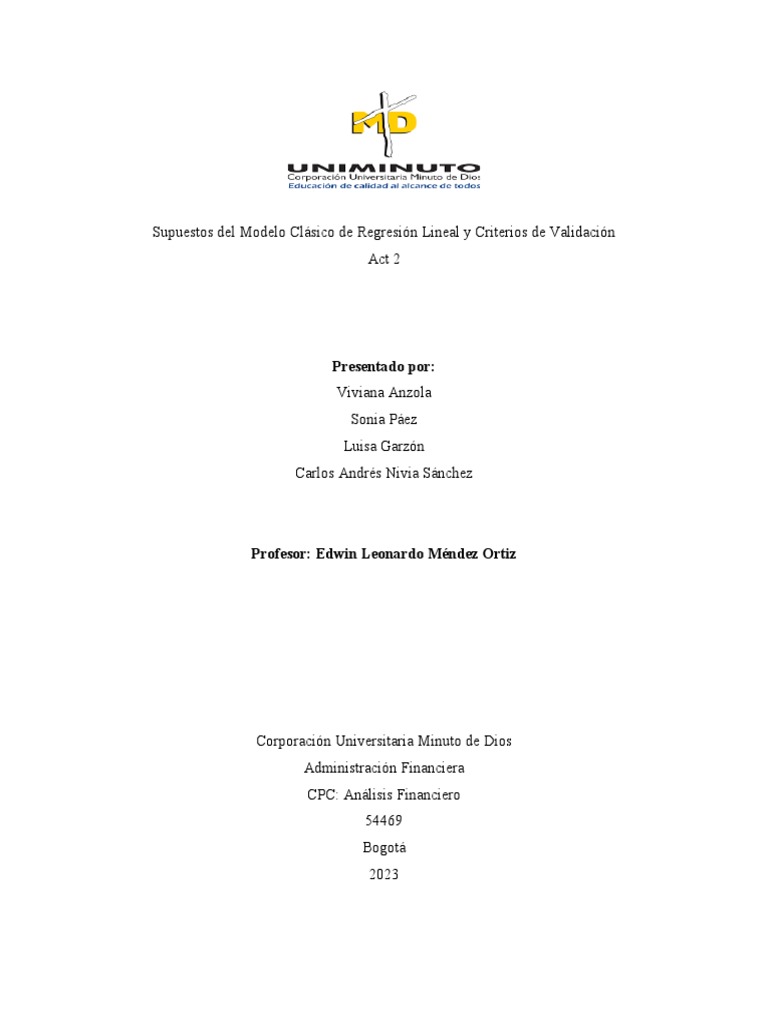 ACT 2 - Supuestos Del Modelo Clásico de Regresión Lineal y Criterios de Validación | PDF ...