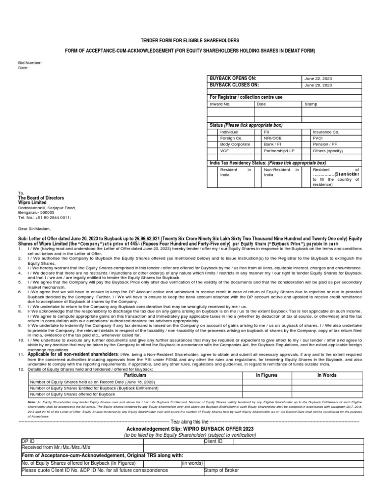 Tender Form For Dematerialised Shares | PDF | Share Repurchase | Stocks