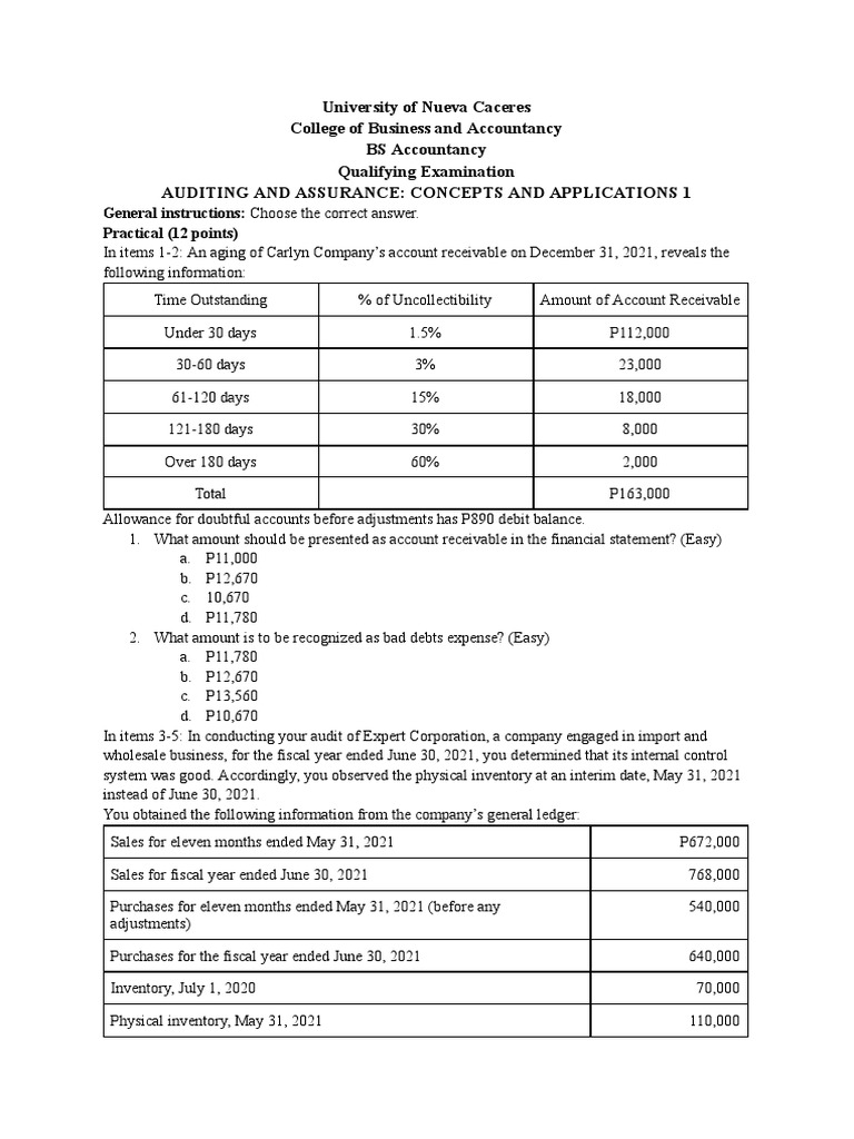 AACA 1 QE (Suggested) | PDF | Audit | Banks