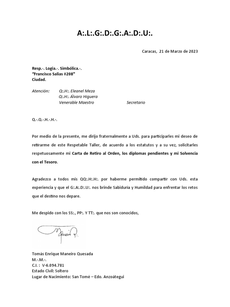 Carta retiro al orden de RLTJ100 | PDF