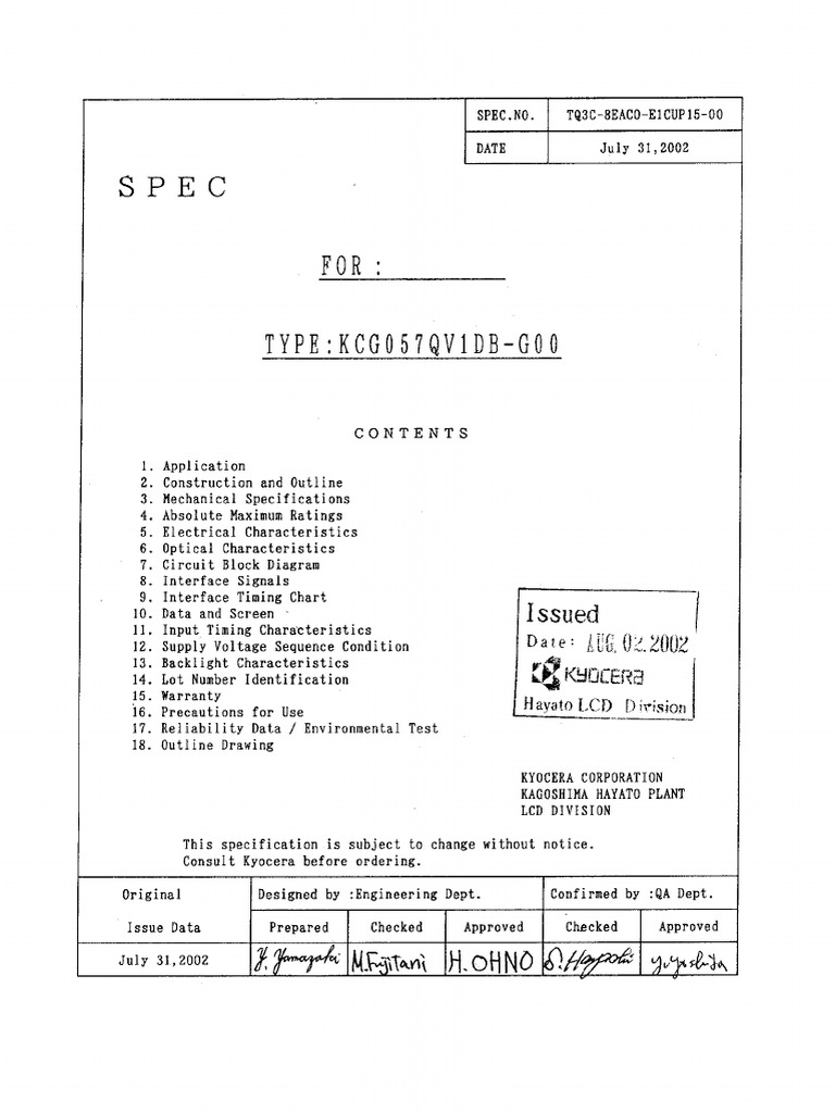 KCG057QV1DB G00 Kyocera | PDF | Liquid Crystal Display | Backlight