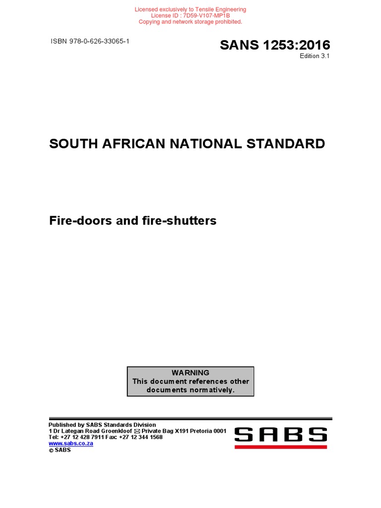 SANS 1253 2016 (Ed. 3.01) | PDF | Door | Building Engineering