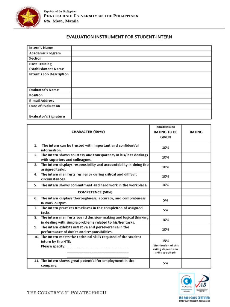 Evaluation Instrument For Student Intern Final | PDF | Internship | Job Hunting
