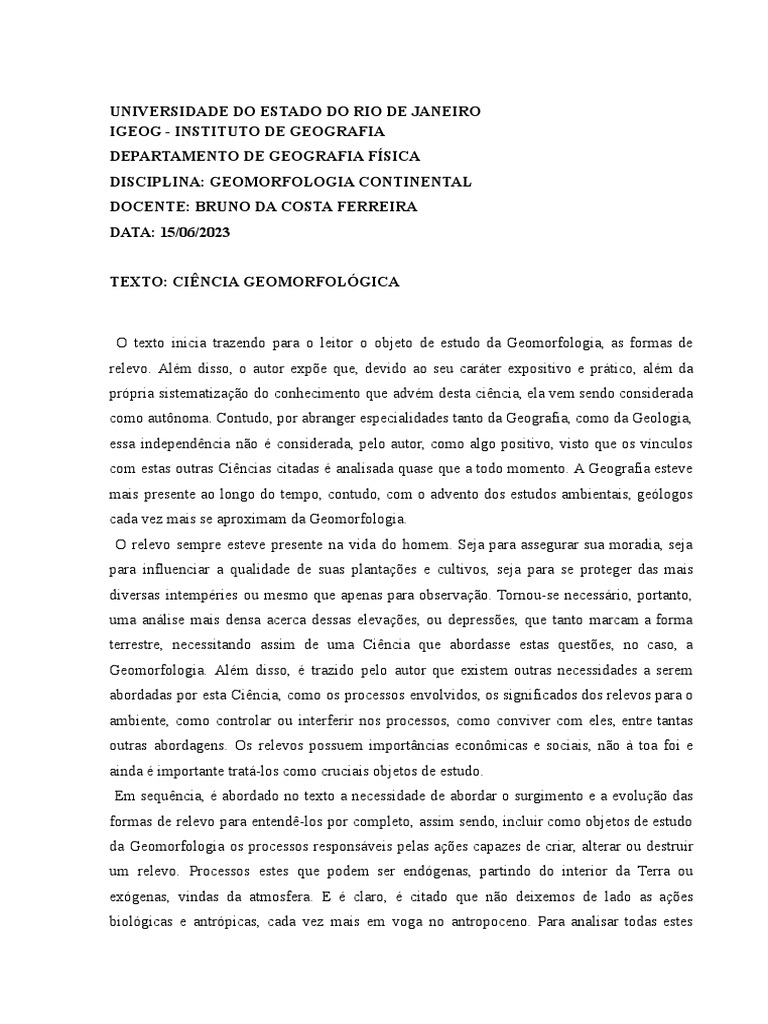 Resumo de Geomorfologia Contemporânea | PDF | Geomorfologia | Science