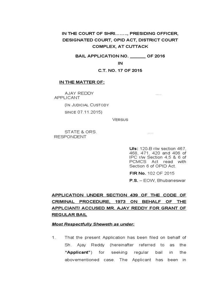 Template - BAIL APPLICATION-Ajay Reddy | PDF | Bail | Arrest