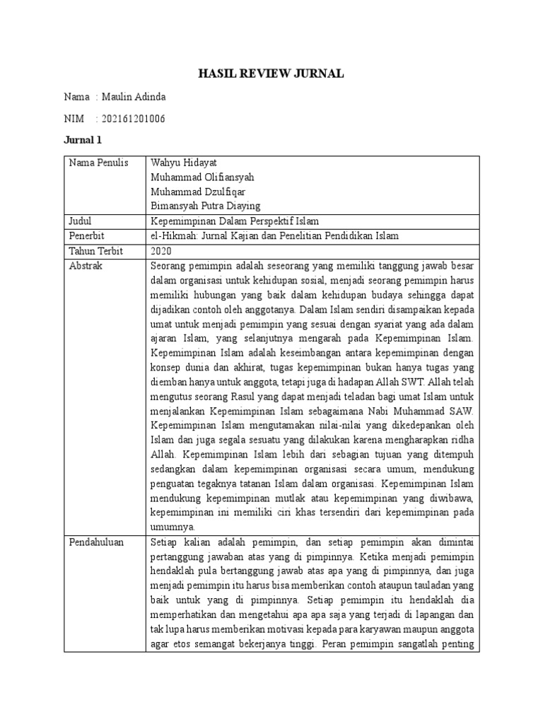 Hasil Review Jurnal Kepemimpinan | PDF