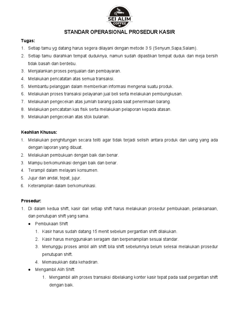 Contoh SOP KASIR | PDF