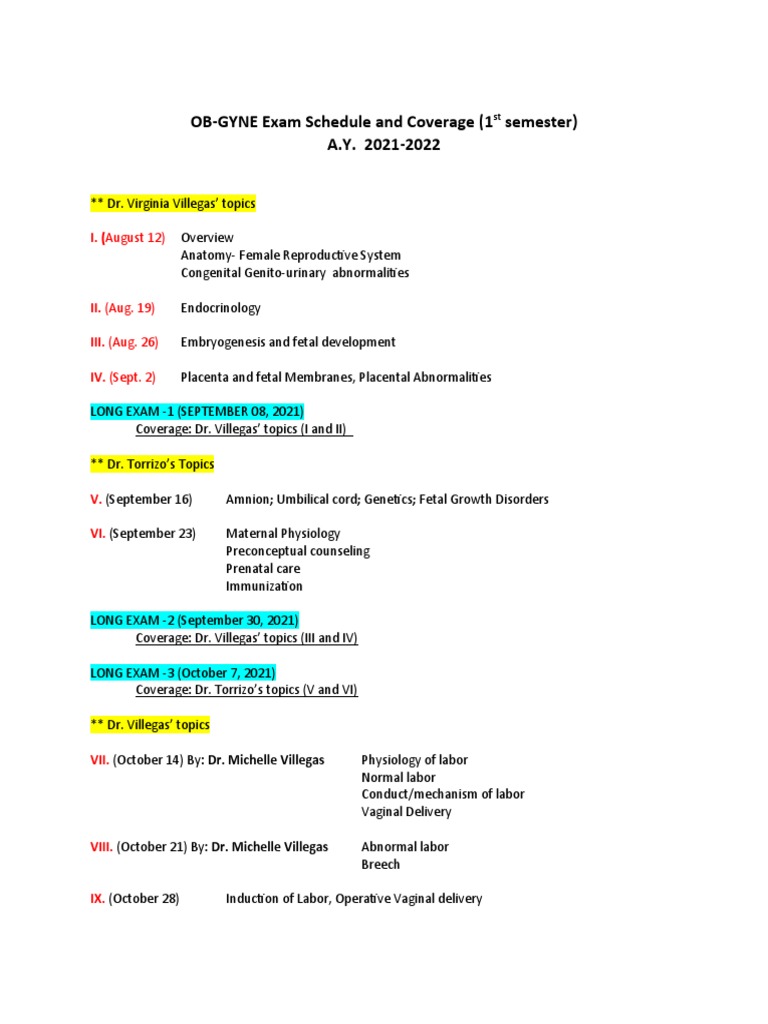 OB-GYNE Schedule of Exams and coverage (first semester) | PDF