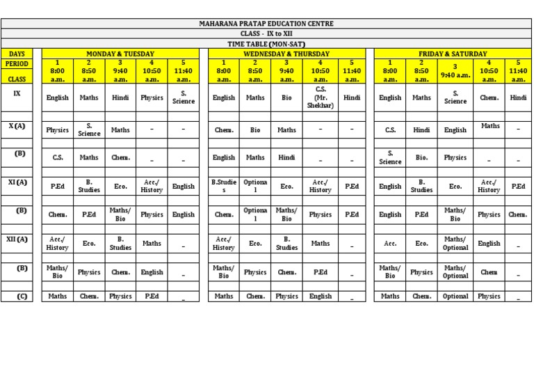 Updated Time Table - 9to12 | PDF