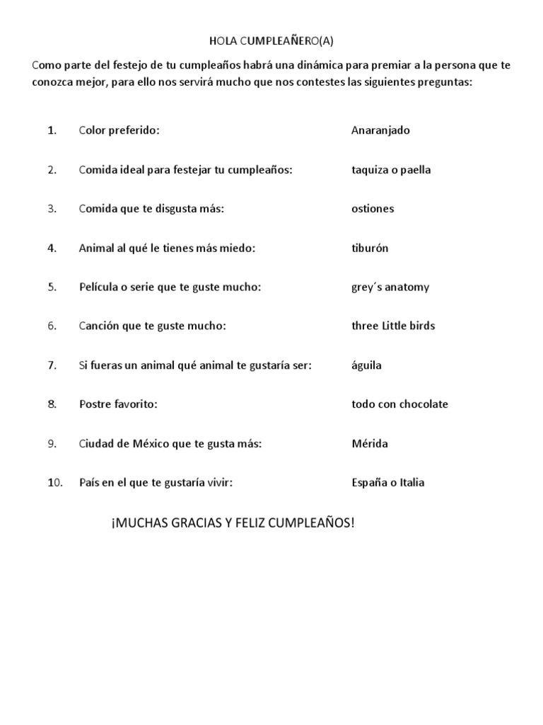 Cuestionario: ¿Quién conoce mejor al cumpleañero? | PDF | Cocina ...