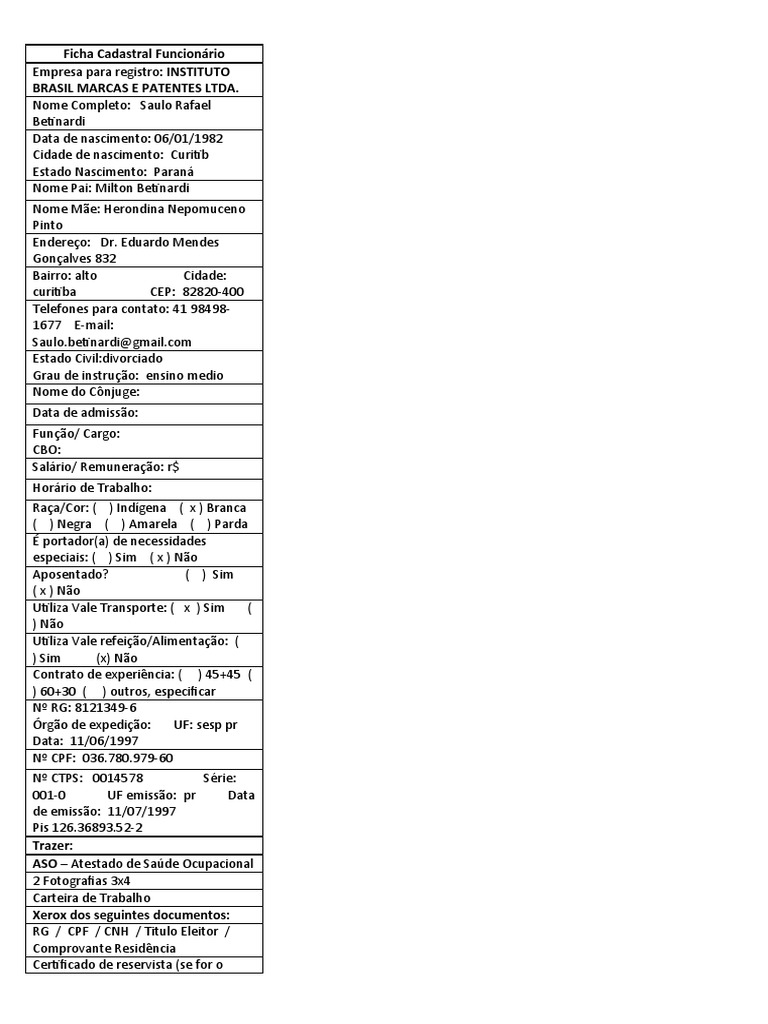 Ficha para Registro - IBMP | PDF | Brasil | Governo e personalidade