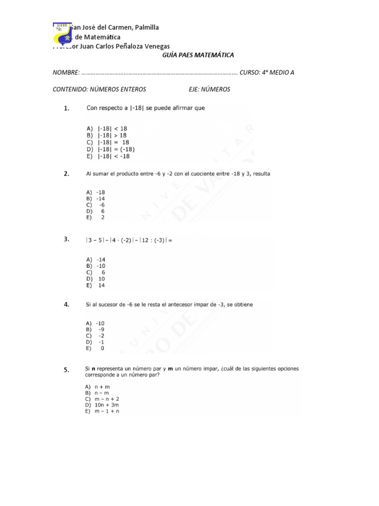 CUARTO MEDIO GUÍA PAES MATEMÁTICA NÚMEROS ENTEROS | PDF