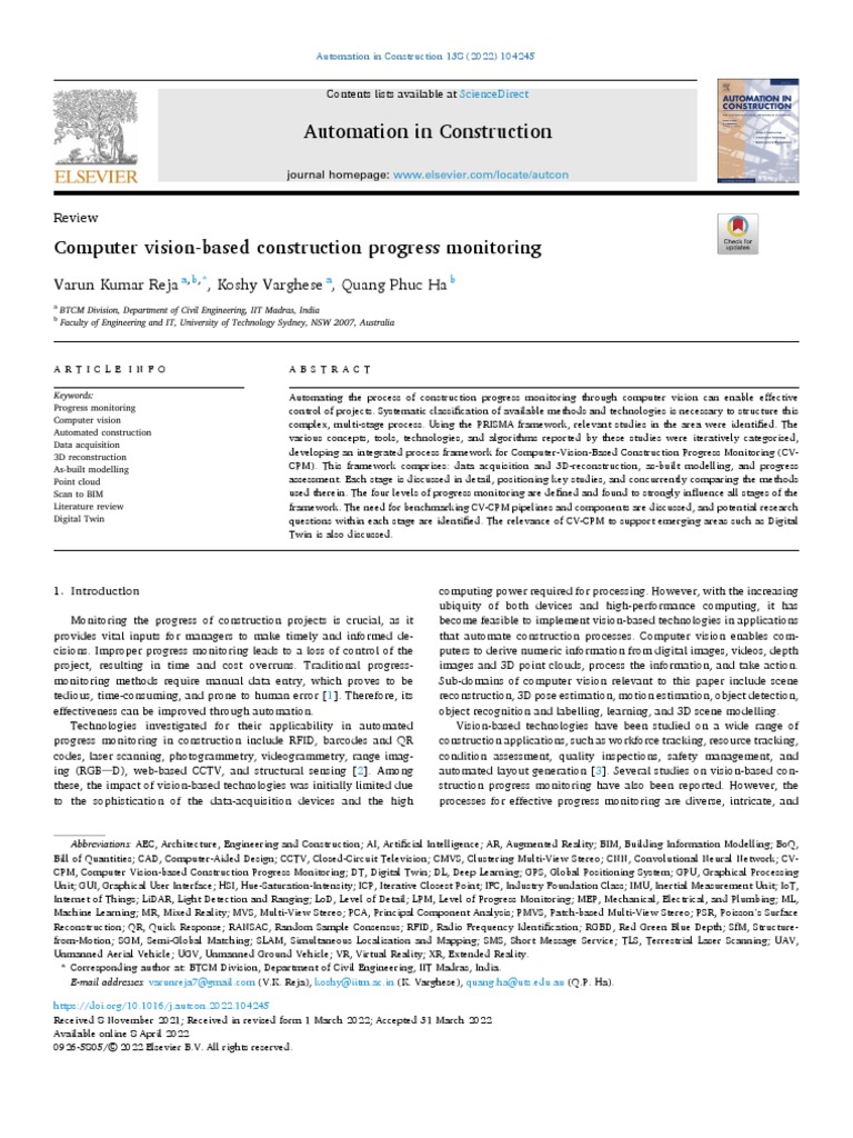 Computer Vision-Bases Construction Progress Monitoring | PDF | Computer ...