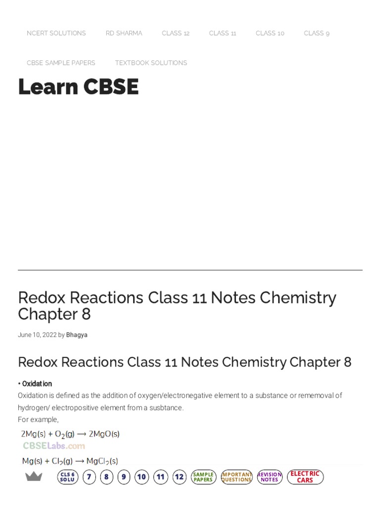 Class 11 Redox Reactions Notes | PDF | Redox | Chemical Reactions