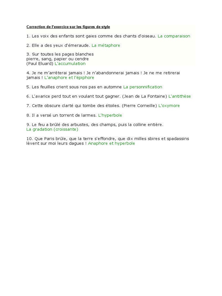 Corrigé Exercice Figures de Style 1 | PDF