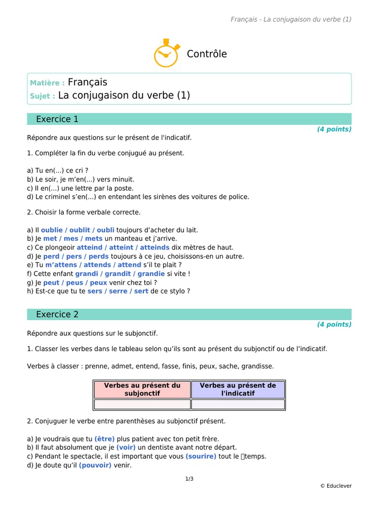 Contrôle Conjugaison 1 | PDF | Verbe | Syntaxe