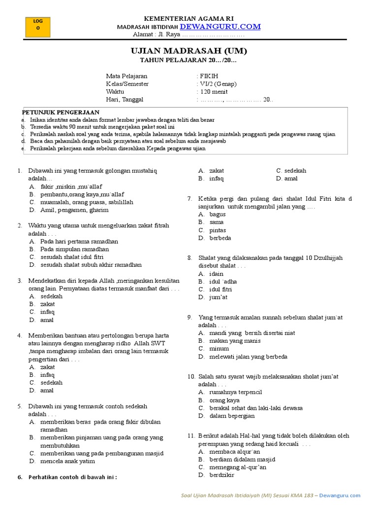 Soal UM Fiqih Kelas 6 Dan Kunci Jawabannya | PDF