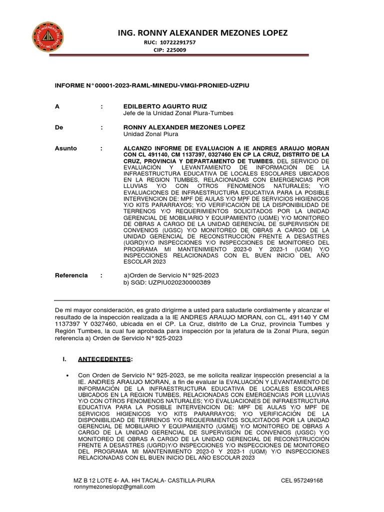Informe 001 2023 Jraml Minedu Vmgi Pronied Uzpiu Andres Araujo (2 ...