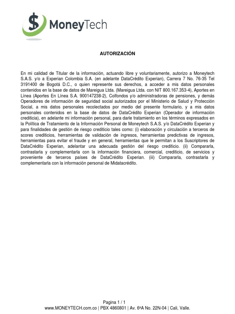 Autorización de Datos Personales Moneytech | PDF