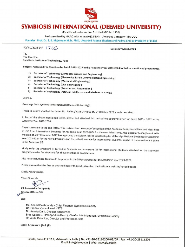 SIT - Pune-Revised Fee Approval Letter-2023-2024 | PDF