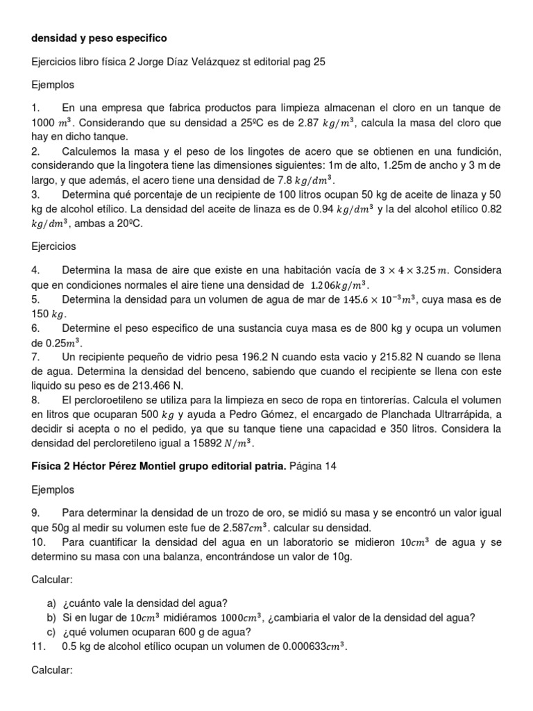 Ejercicios Densidad | PDF | Densidad | Volumen