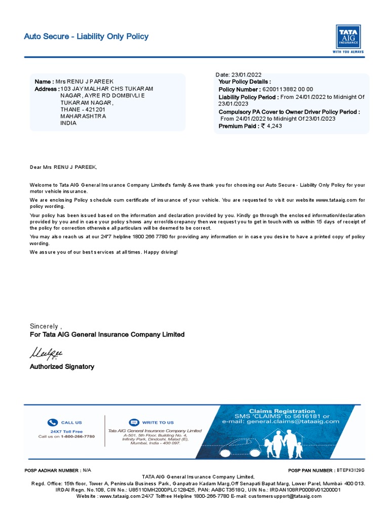 Tata AIG Motor Policy Schedule - 3184 - 6200113882-00 - Stake Secure ...