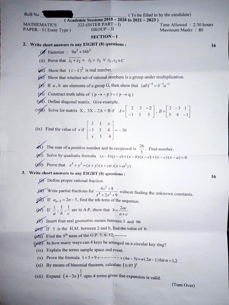 FSc. Part-1_Math_Group-II_2022 | PDF