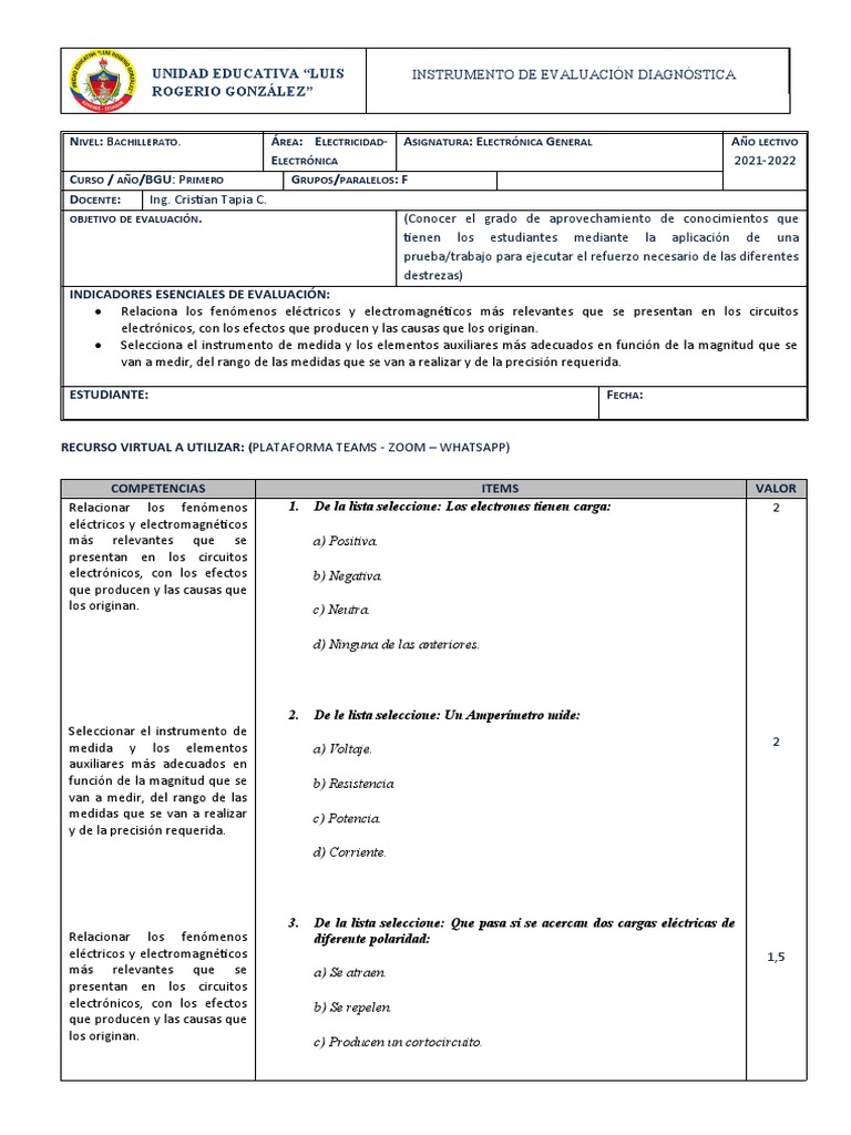 Evaluacion Electronica General 1ro F | PDF | Electricidad | Corriente eléctrica