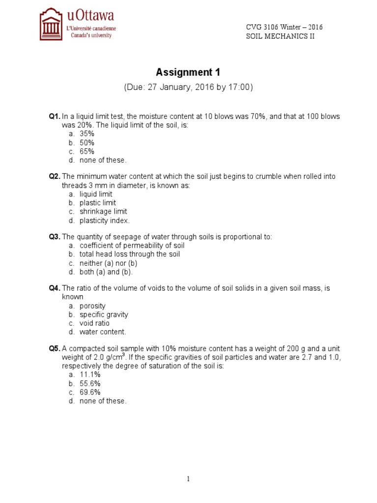 CVG3106 2016W Assignment1 | PDF | Soil Mechanics | Solid Mechanics