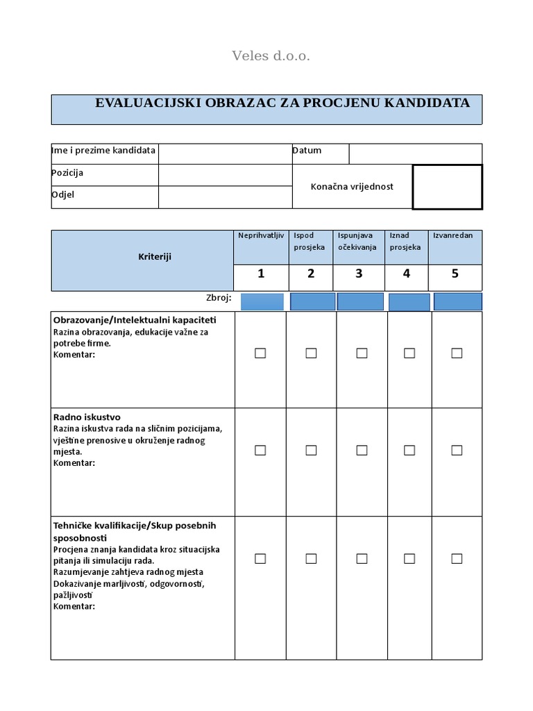 Veles - Evaluacijski Obrazac | PDF