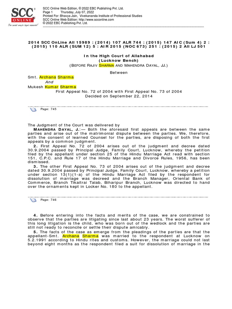 Archana Sharma vs. Mukesh Kumar Divorce Case | PDF | Divorce | Marriage