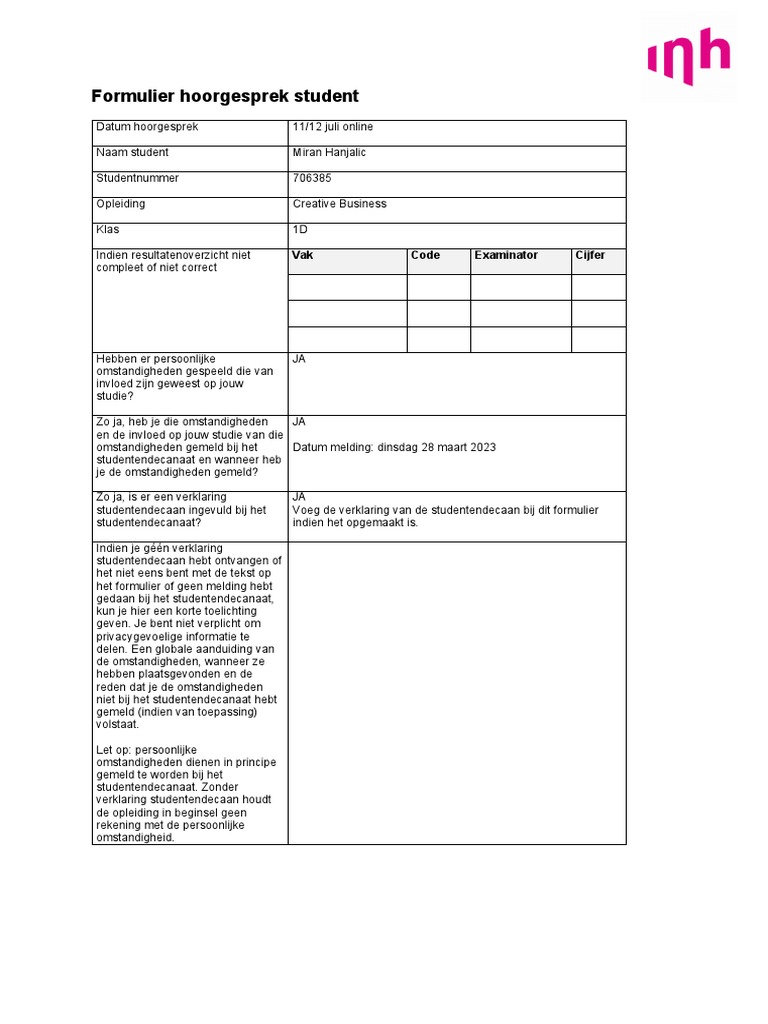 Formulier Hoorgesprek Student Inlever | PDF