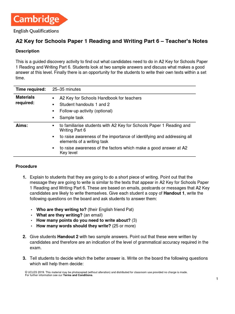 A2 Key For Schools Reading and Writing Part 6 | PDF | Linguistics ...