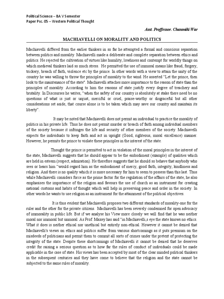 Machiavelli: Morality vs. Politics | PDF | The Prince | Niccolò Machiavelli