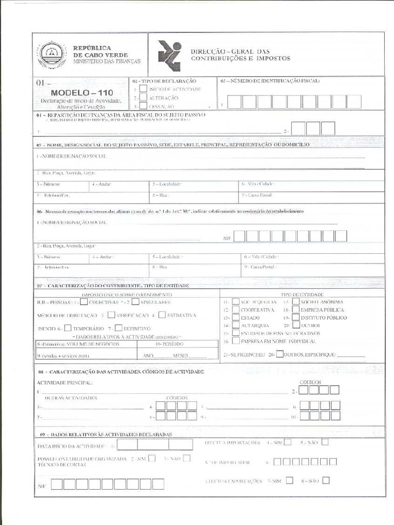 IVA- Modelo 110 - Declaração Inicio Alteração e Cessação de Actividade ...