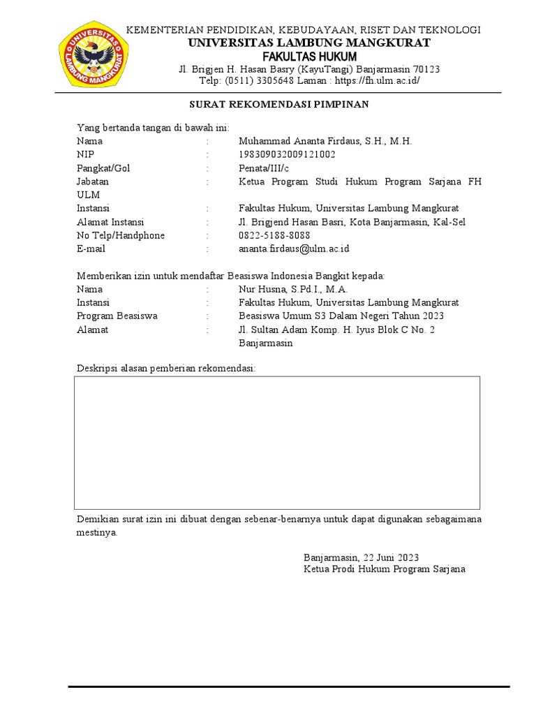 Surat Rekomendasi Pimpinan | PDF