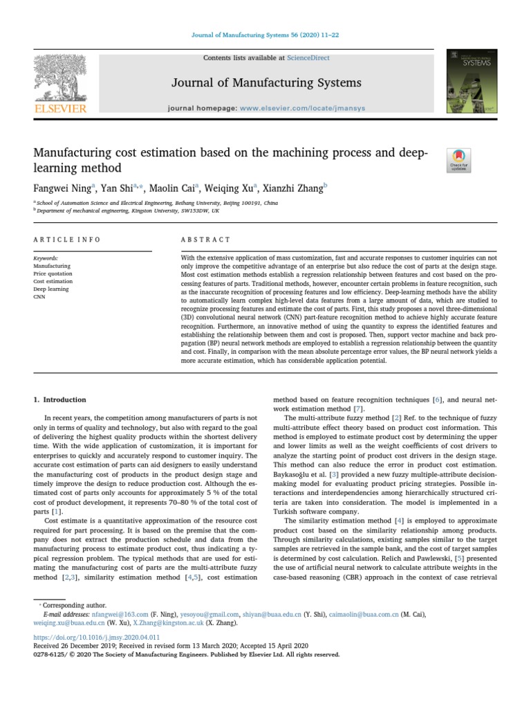Manufacturing Cost Estimation Based On The Machining Process and Deep ... Manufacturing Cost Estimation Based On The Machining Process and Deep ...