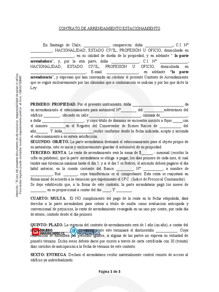 Contrato Arrendamiento Estacionamiento | PDF | Cheque | Ley común Contrato Arrendamiento Estacionamiento | PDF | Cheque | Ley común