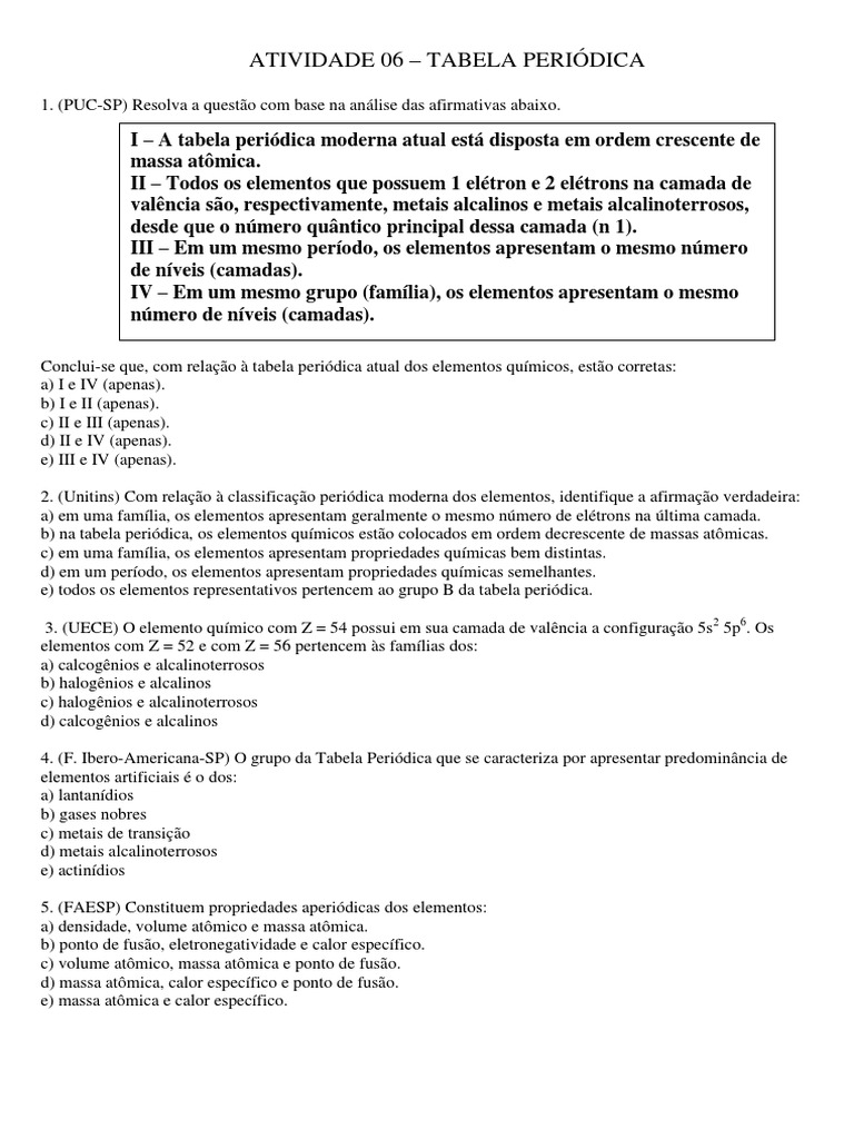 Cópia De Atividade 06 Química 1º Ano Pdf Tabela Periódica