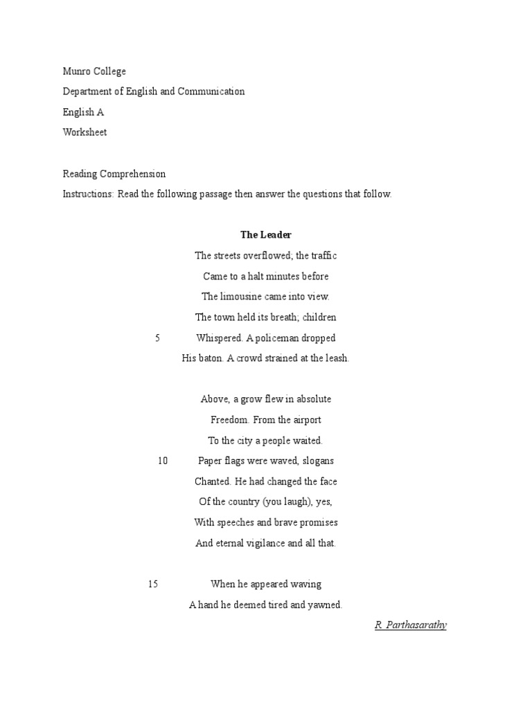 English A Reading Comprehension Worksheet | PDF | Poetry