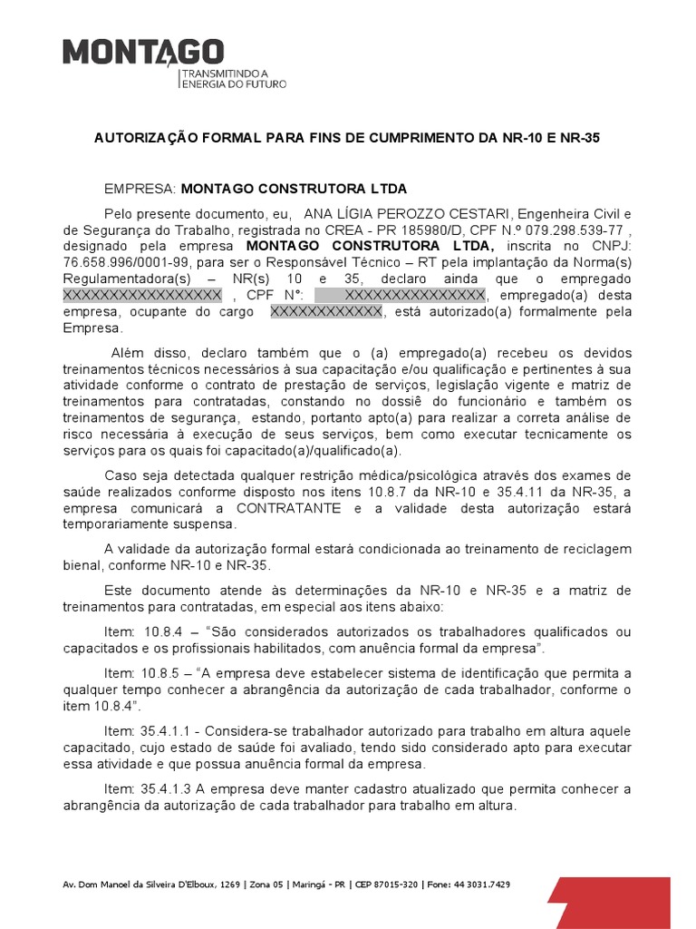 Autorização Formal para Fins de Cumprimento Da NR-10 e NR-35 | PDF