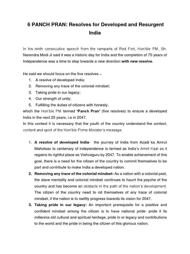Panch Pran: Five Resolutions for India | PDF | Travel