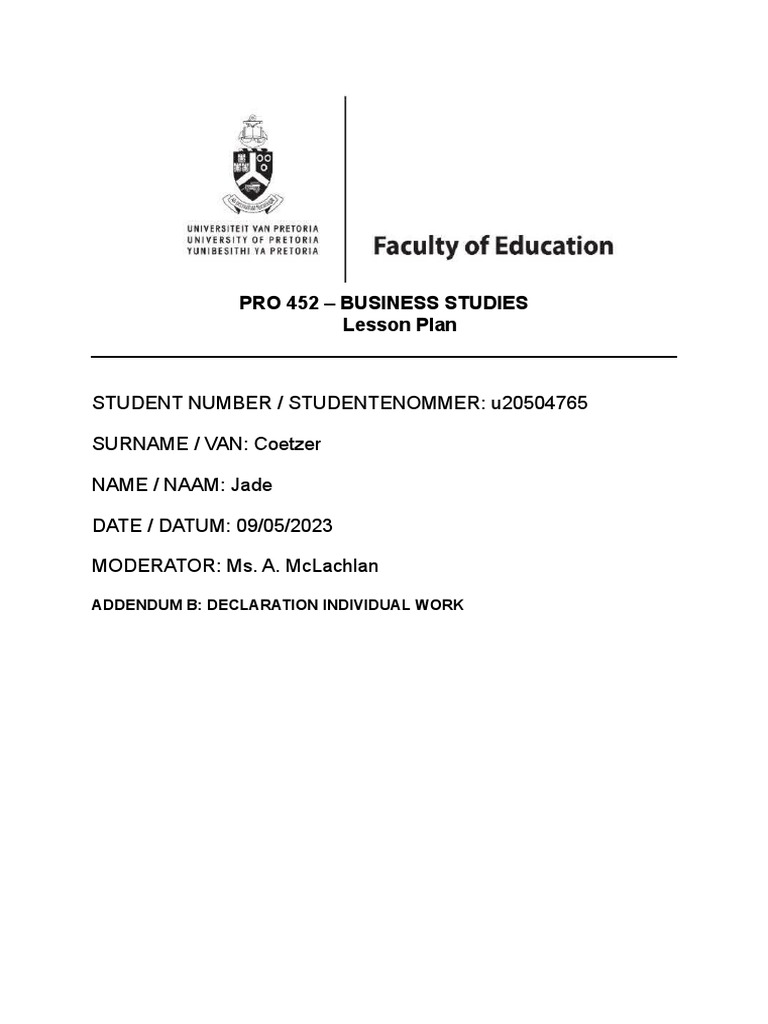 Jade Coetzer PRO 452 Lesson Plan 5 | PDF | Learning | Learning Theory ...